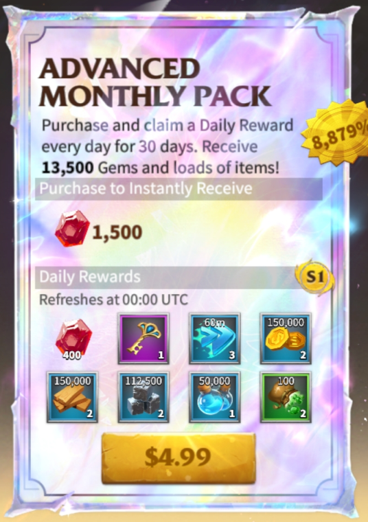 Call of Dragons Top Up Advanced Monthly Pack (LOGIN topup)